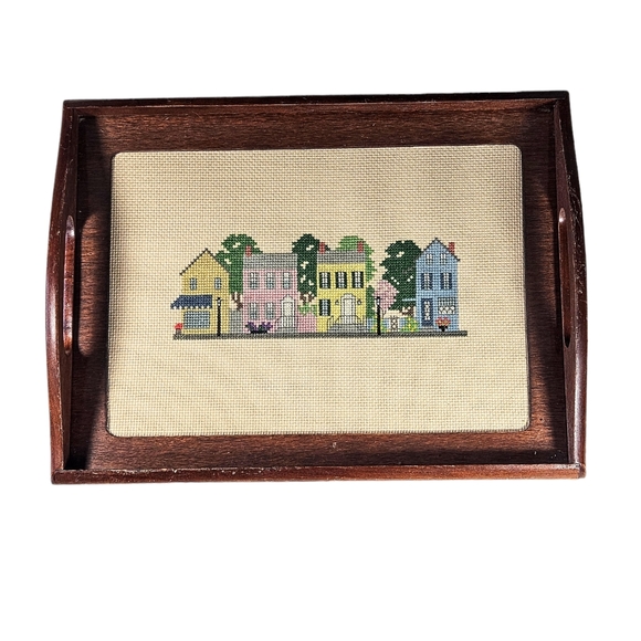 Hand Crafted | Dining | Vintage Cross Stitched Under Glass Wood Tray ...